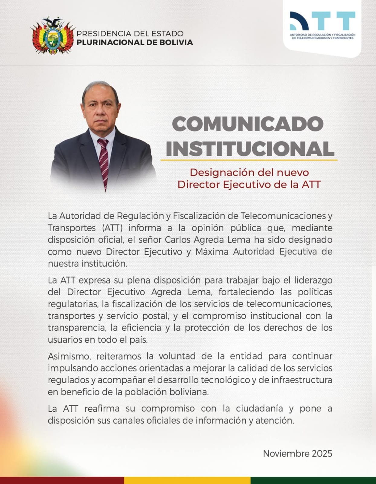 Designan como nuevo Director Ejecutivo de la ATT a Carlos Agreda Lema ...